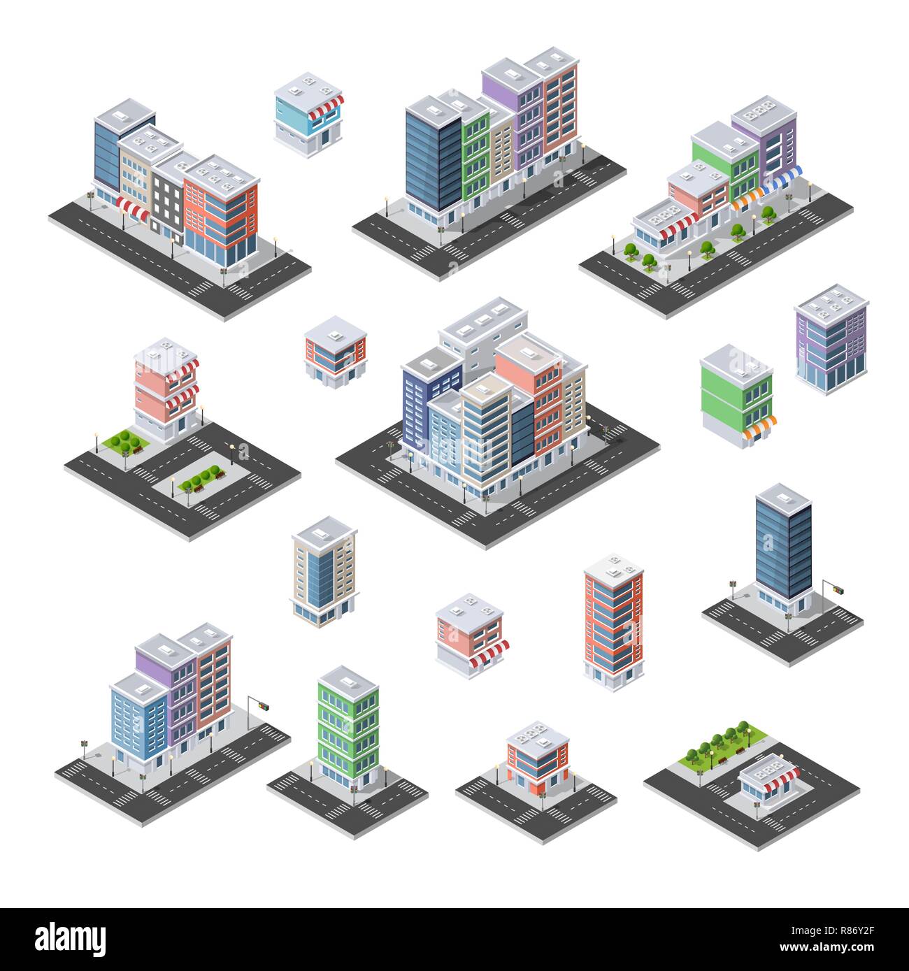 City set of isometric of urban infrastructure business. Vector building ...
