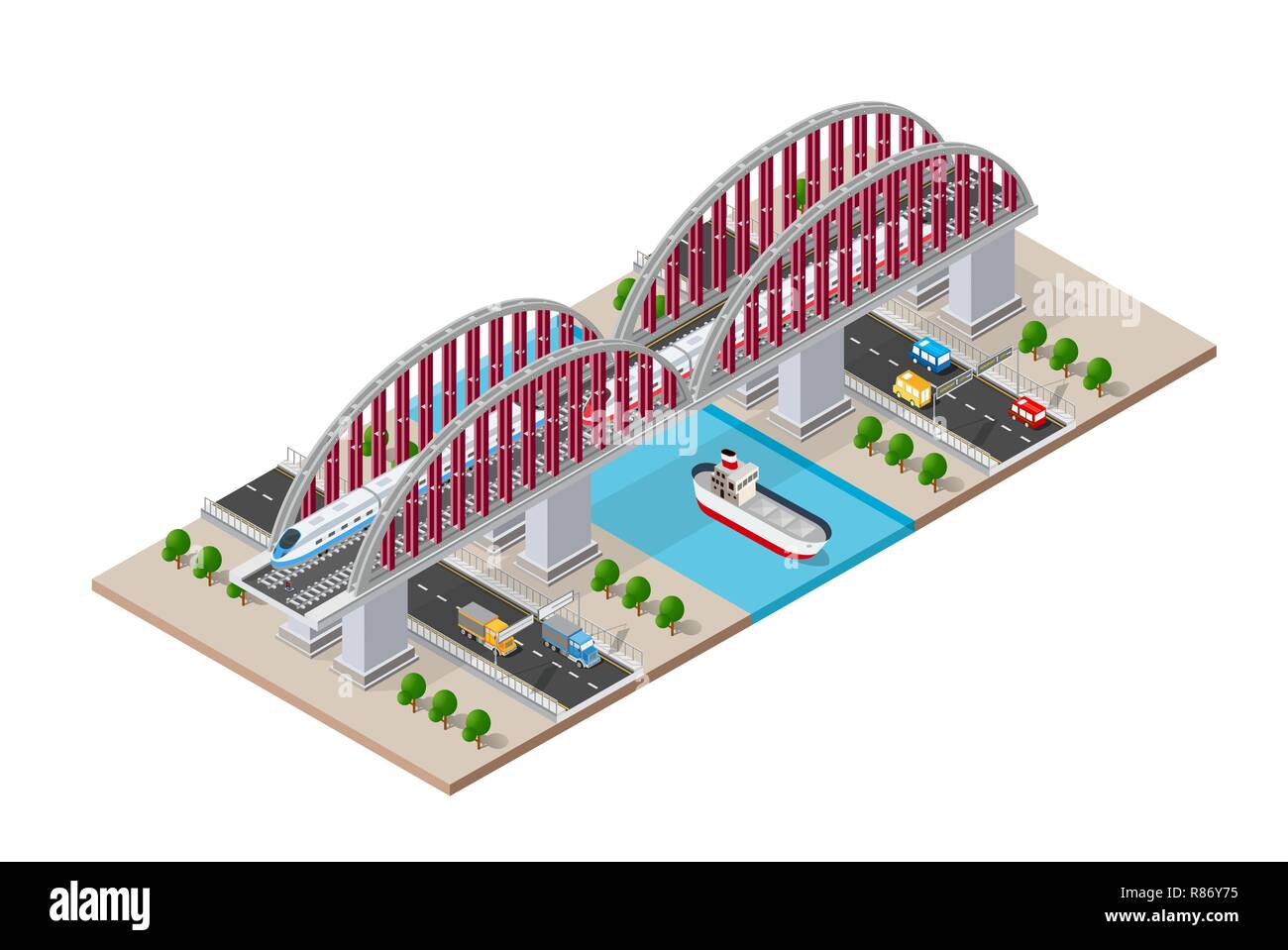 Railroad isometric bridge with railway and high-speed train by ...
