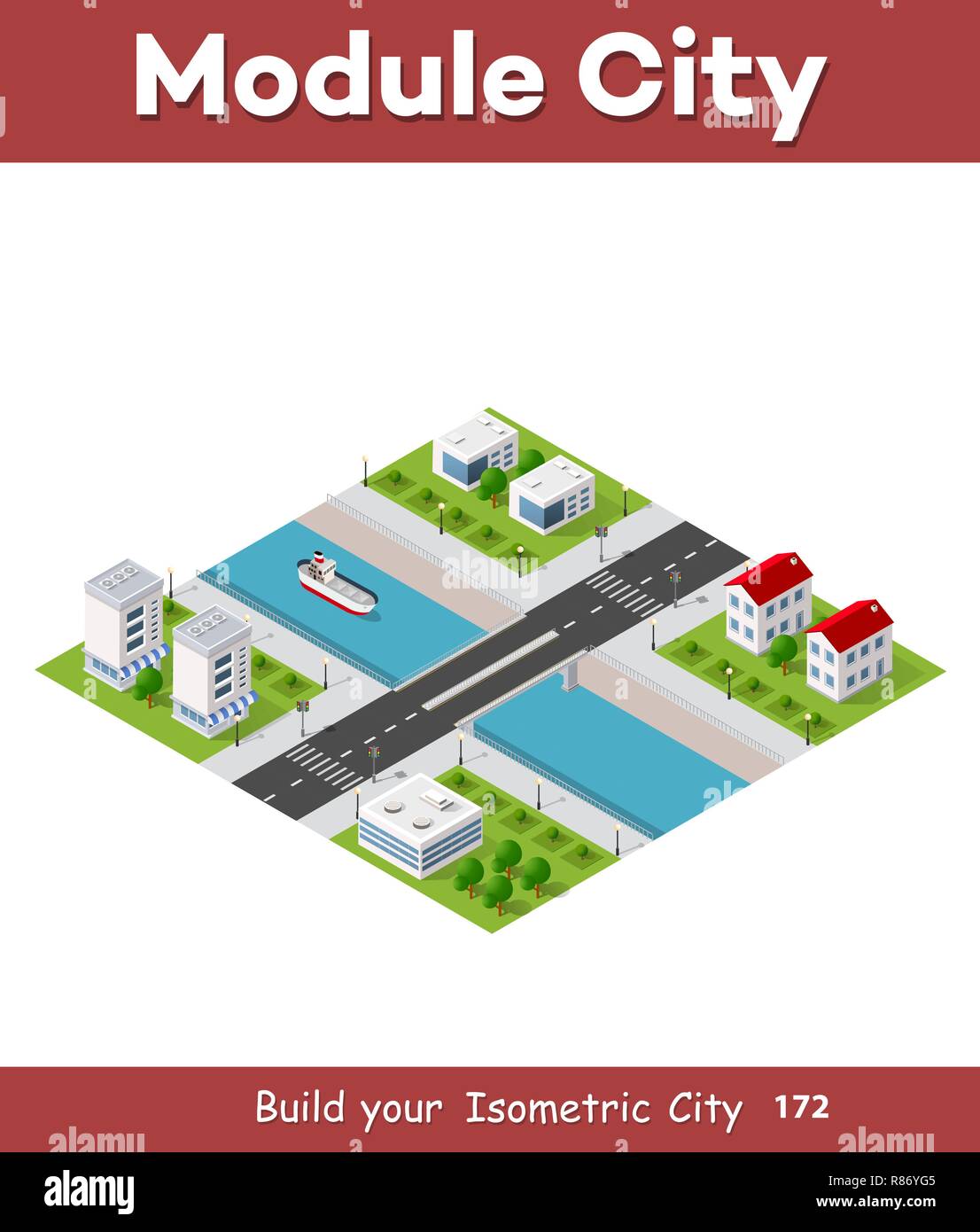 Isometric vector illustration of a modern city with a marina and river ...