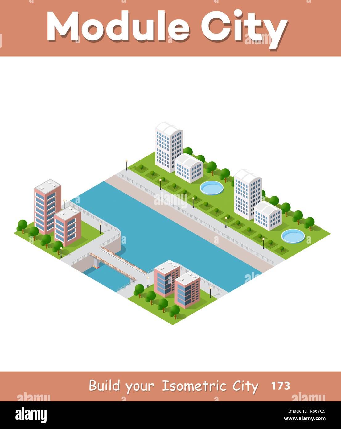 Isometric vector illustration of a modern city with a marina and river ...