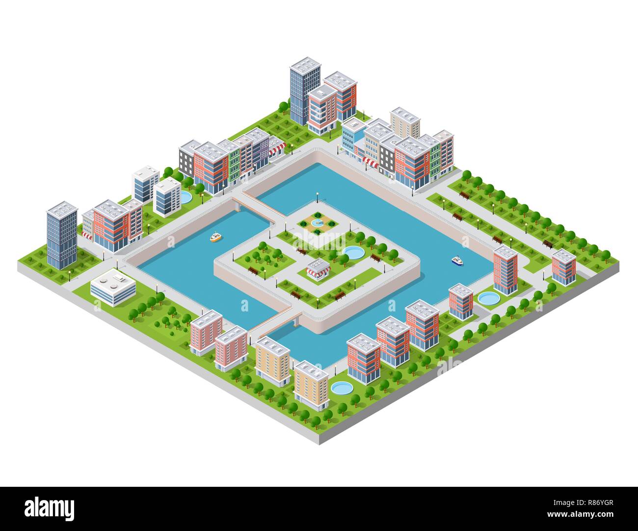 Isometric vector illustration of a modern city with a marina and river ...