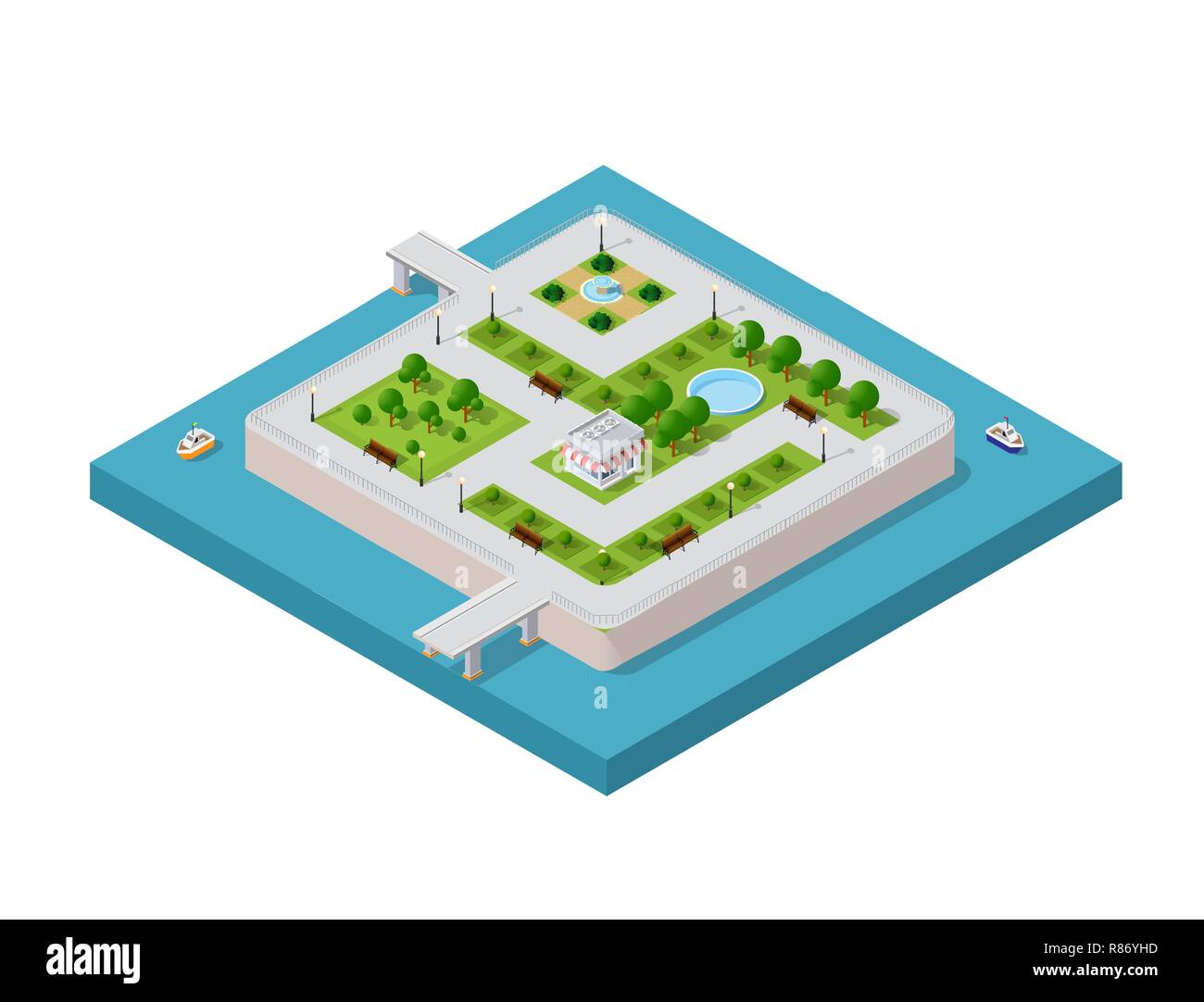 Isometric vector illustration of a modern city with a marina and river ...