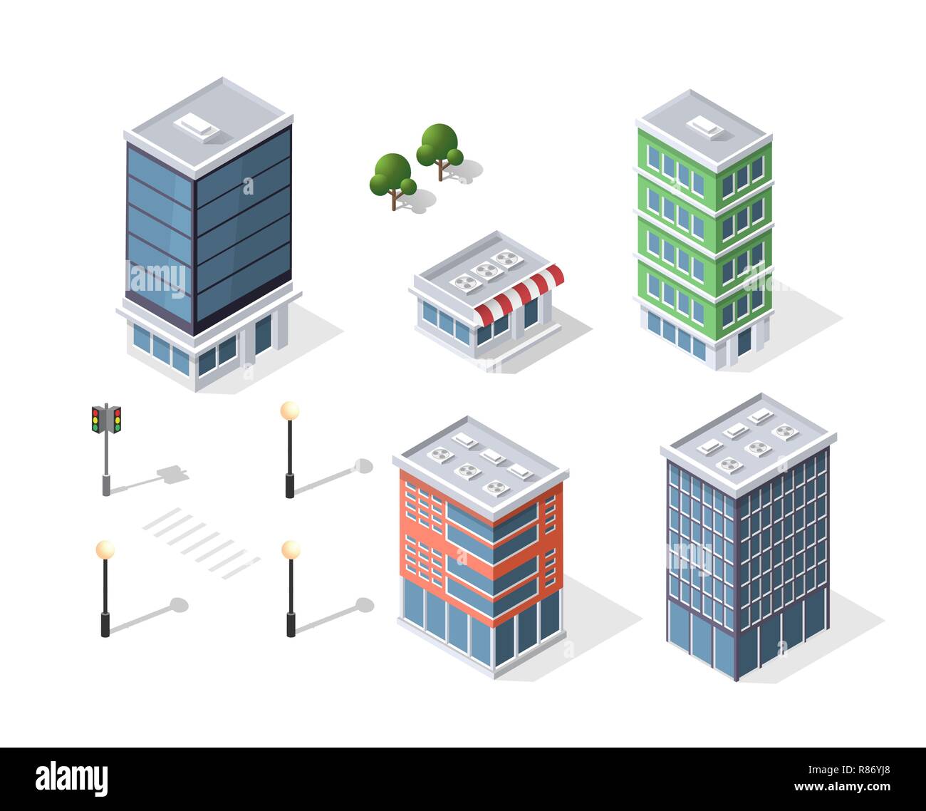 Set of modern isometric buildings and plants for sites and games Stock ...