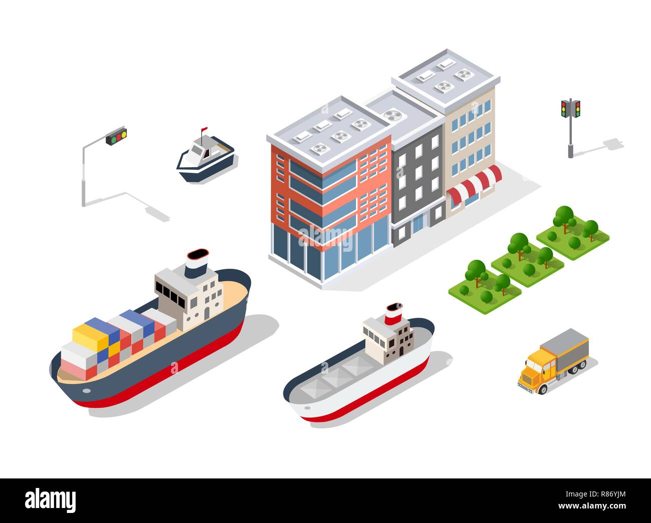 Set of modern isometric buildings and cafe, ship, shop, plants for ...