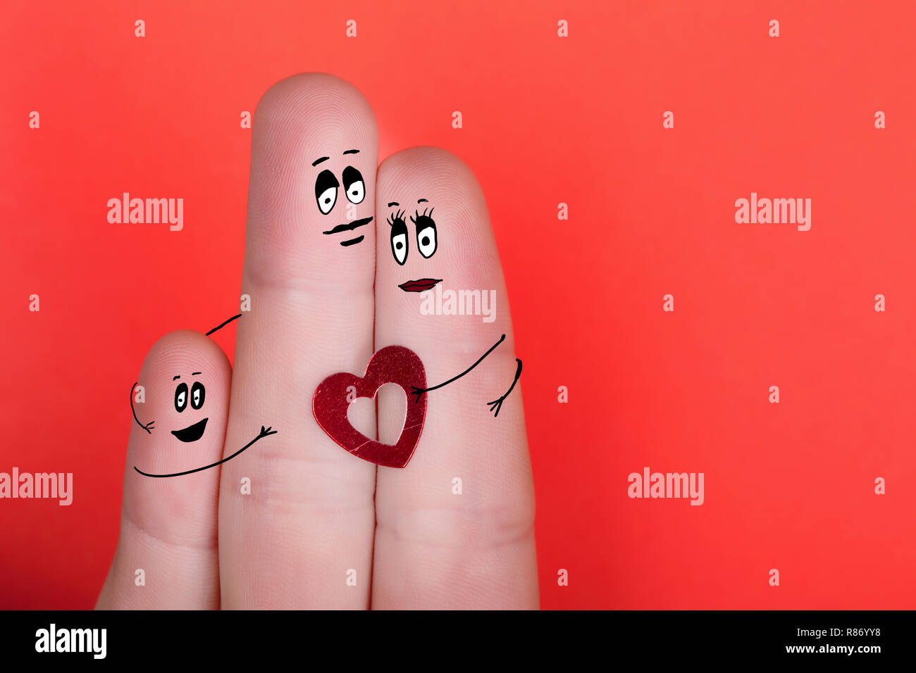 happy family of fingers with painted faces on red background Stock ...