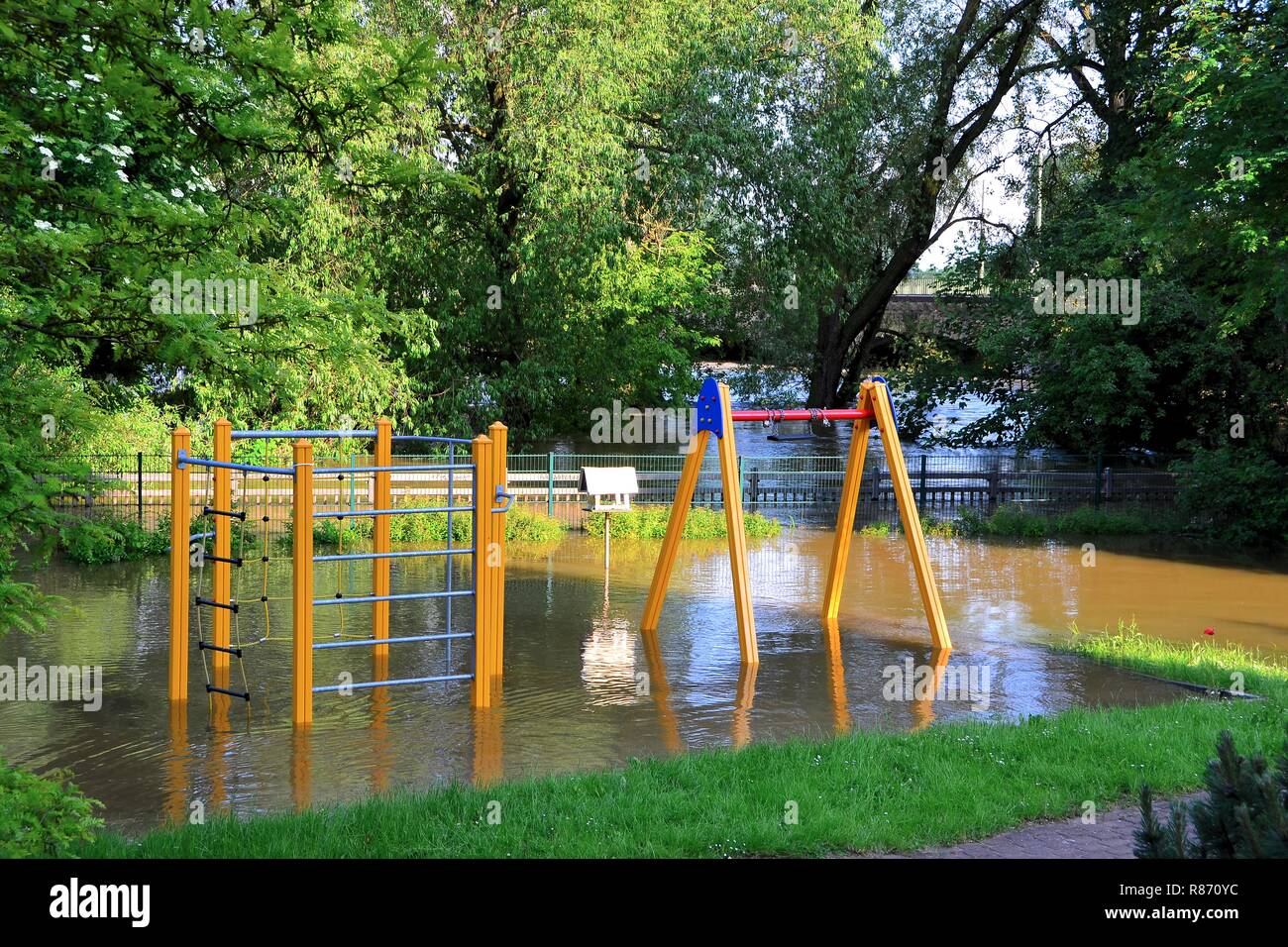 Flooded playground during the flood in Magdeburg Stock Photo - Alamy