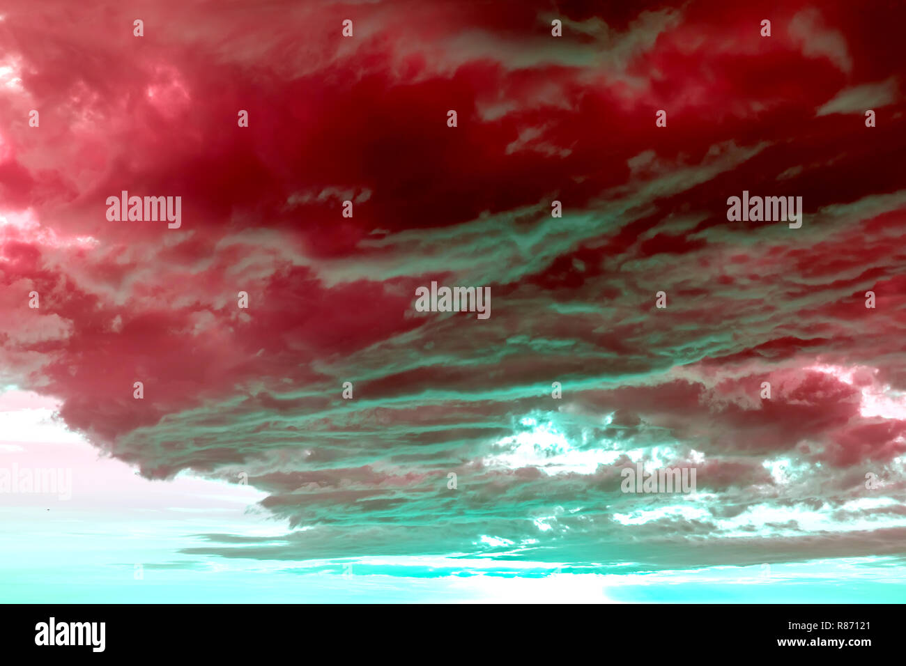 amazing sunset with heavy dark red clouds scary weather background ...