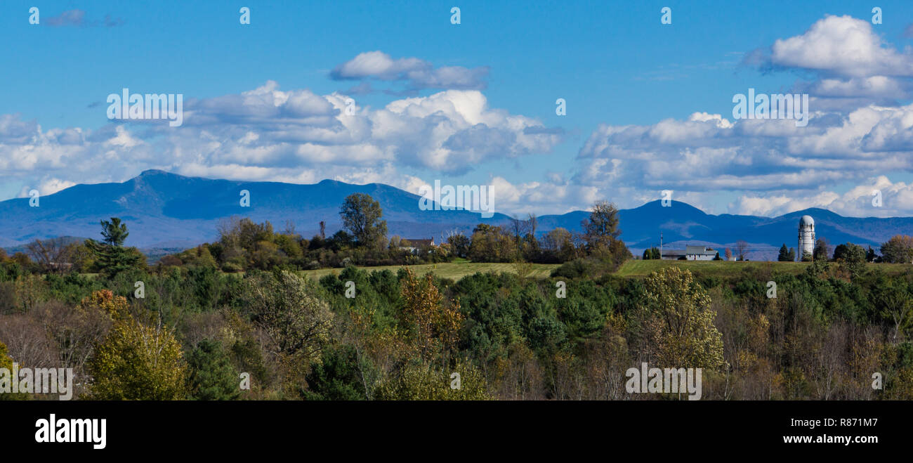 panorama of rural Vermont farm with the Green Mountains in the ...