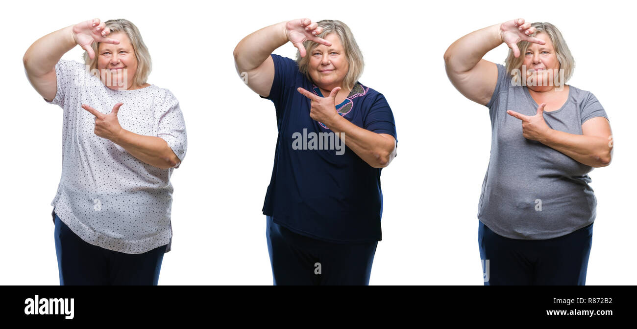 Collage of senior fat woman over isolated background smiling making ...
