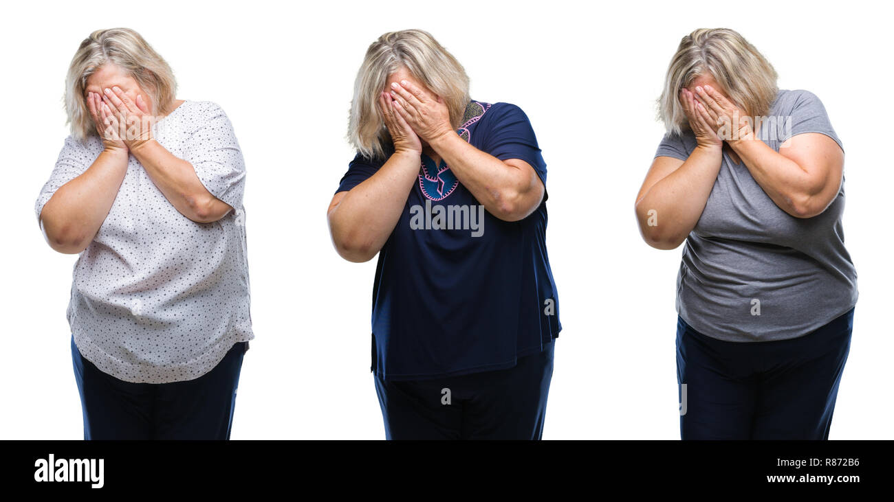 Collage of senior fat woman over isolated background with sad ...