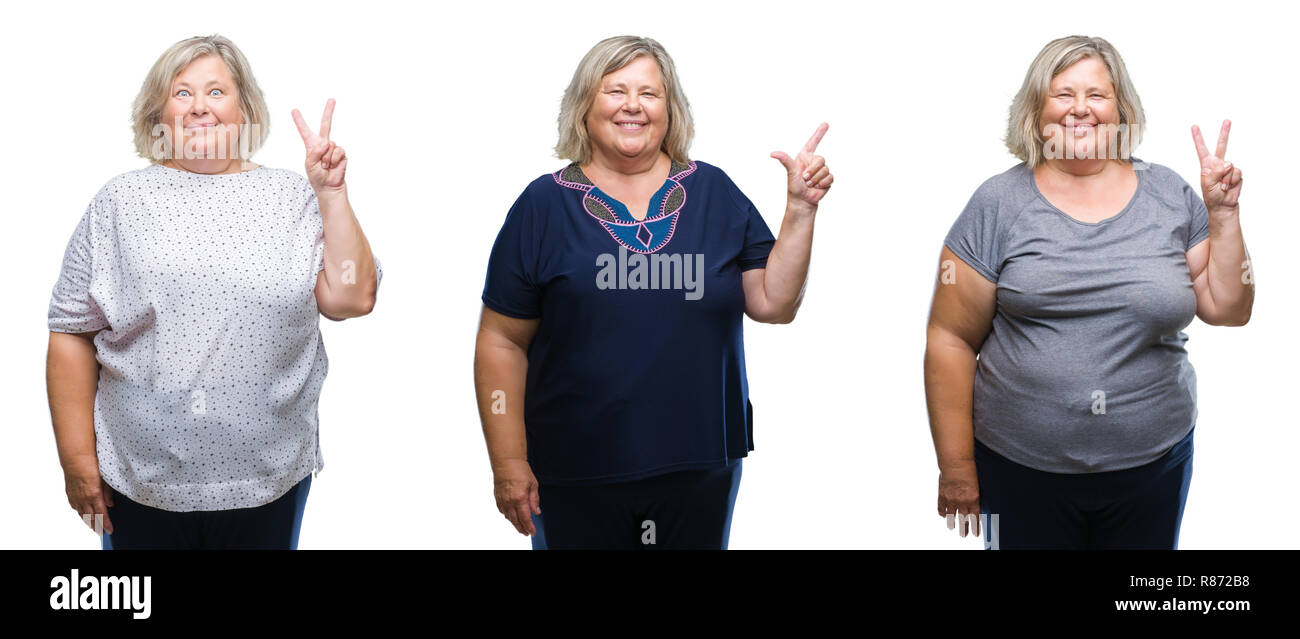 Collage of senior fat woman over isolated background showing and ...