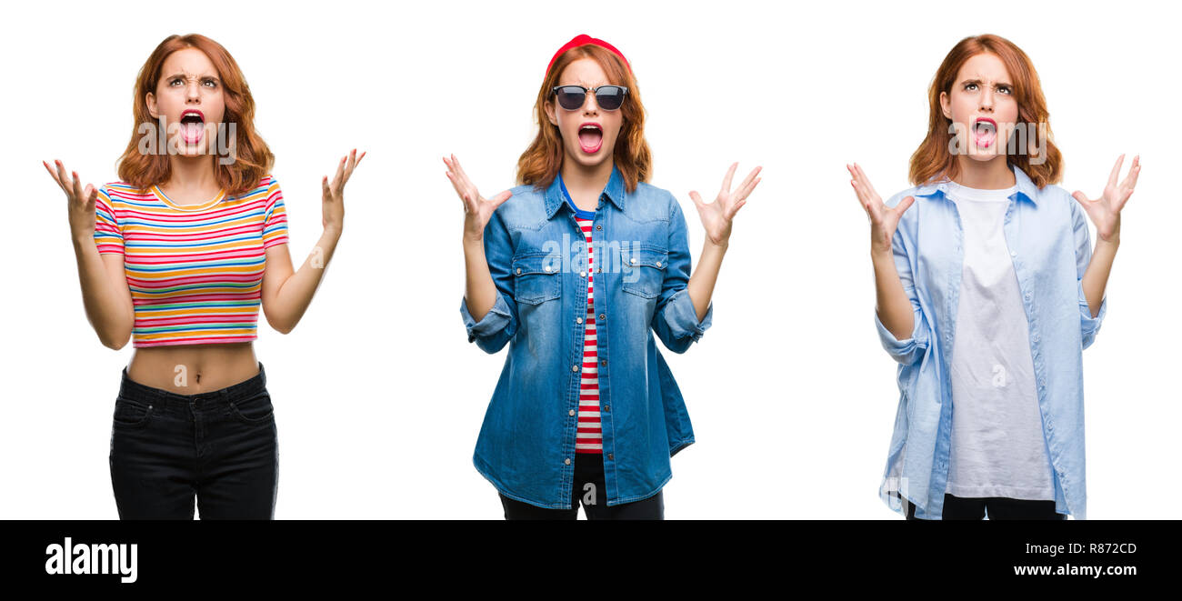 Collage of young beautiful redhead woman over isolated background crazy ...