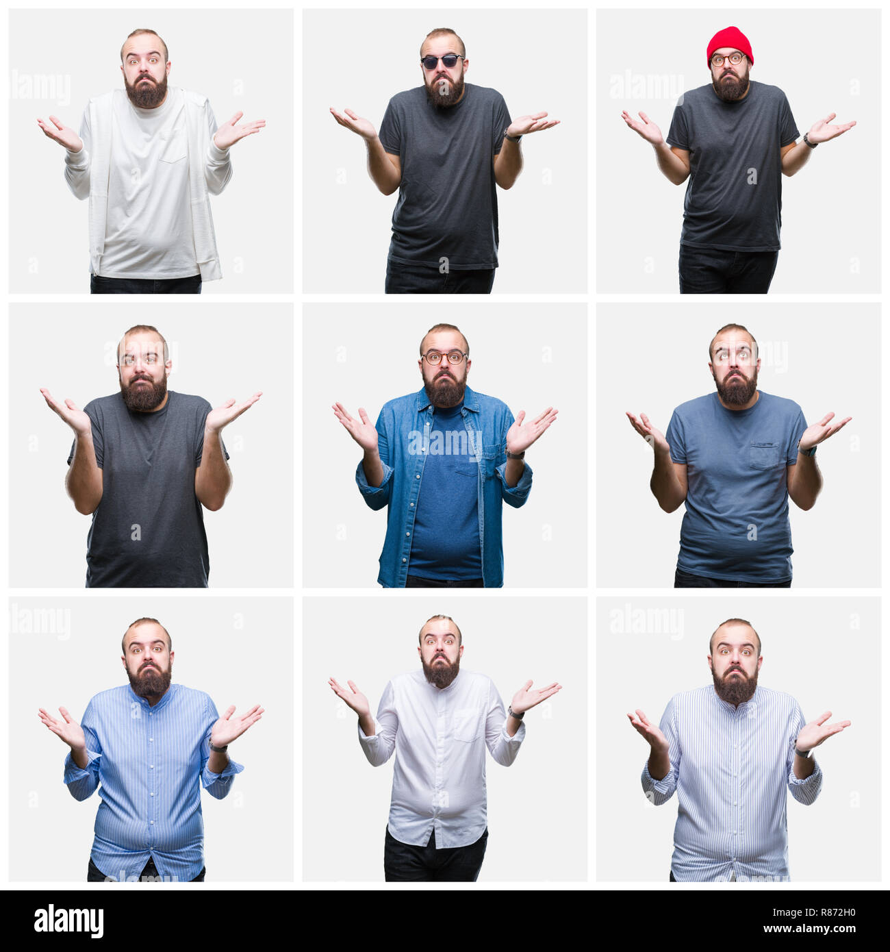 Collage of young man over isolated background clueless and confused ...