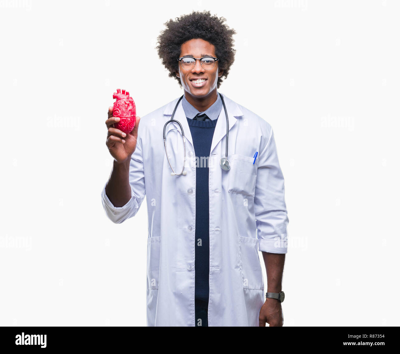 Afro american cardiologist doctor man over isolated background with a ...