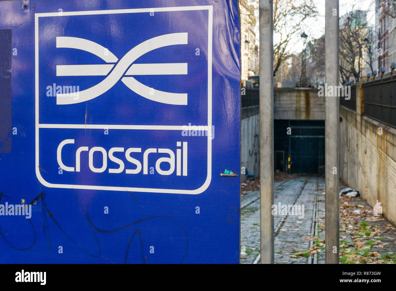 A Crossrail sign in front of the closed Kingsway Tram Tunnel in London ...