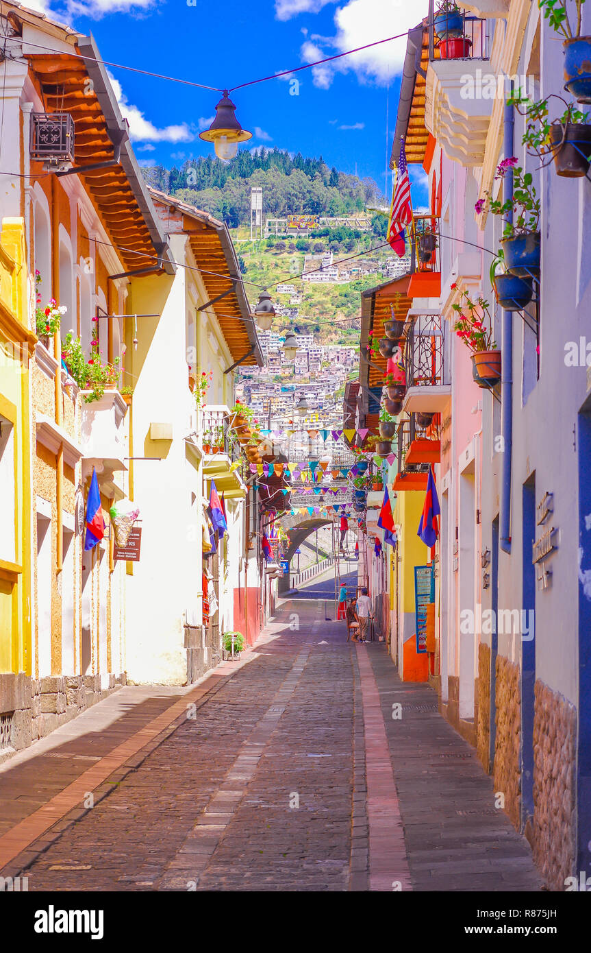 QUITO, ECUADOR AUGUST, 28, 2018: Beautiful buildings with some Flags ...