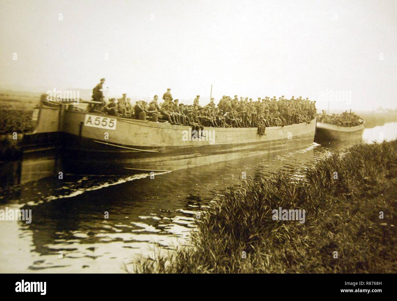 Canal barges carrying British troops to battle in the Western Front in ...