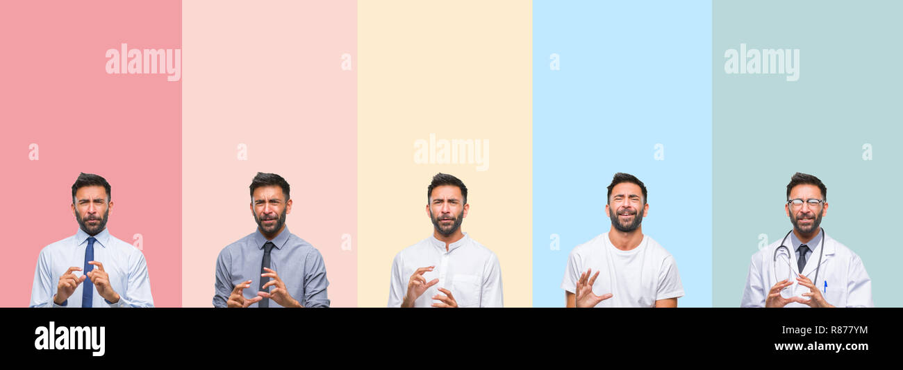 Collage of handsome man over colorful stripes isolated background ...