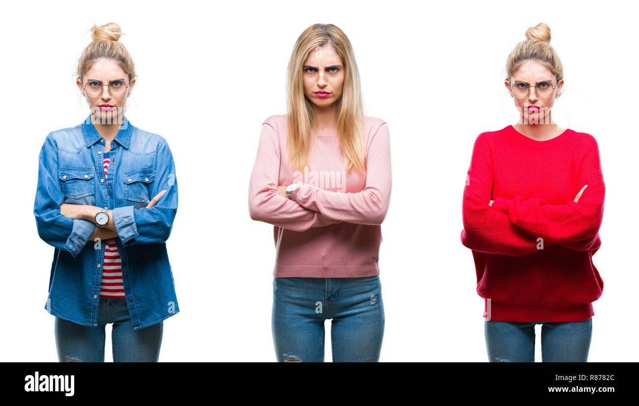 Collage of young beautiful blonde woman over isolated background ...