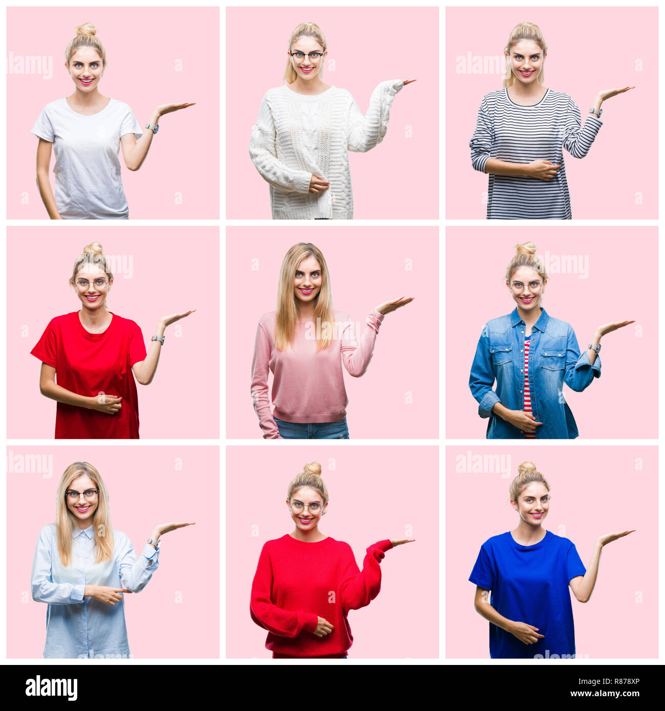 Collage of young beautiful blonde woman over pink isolated background ...