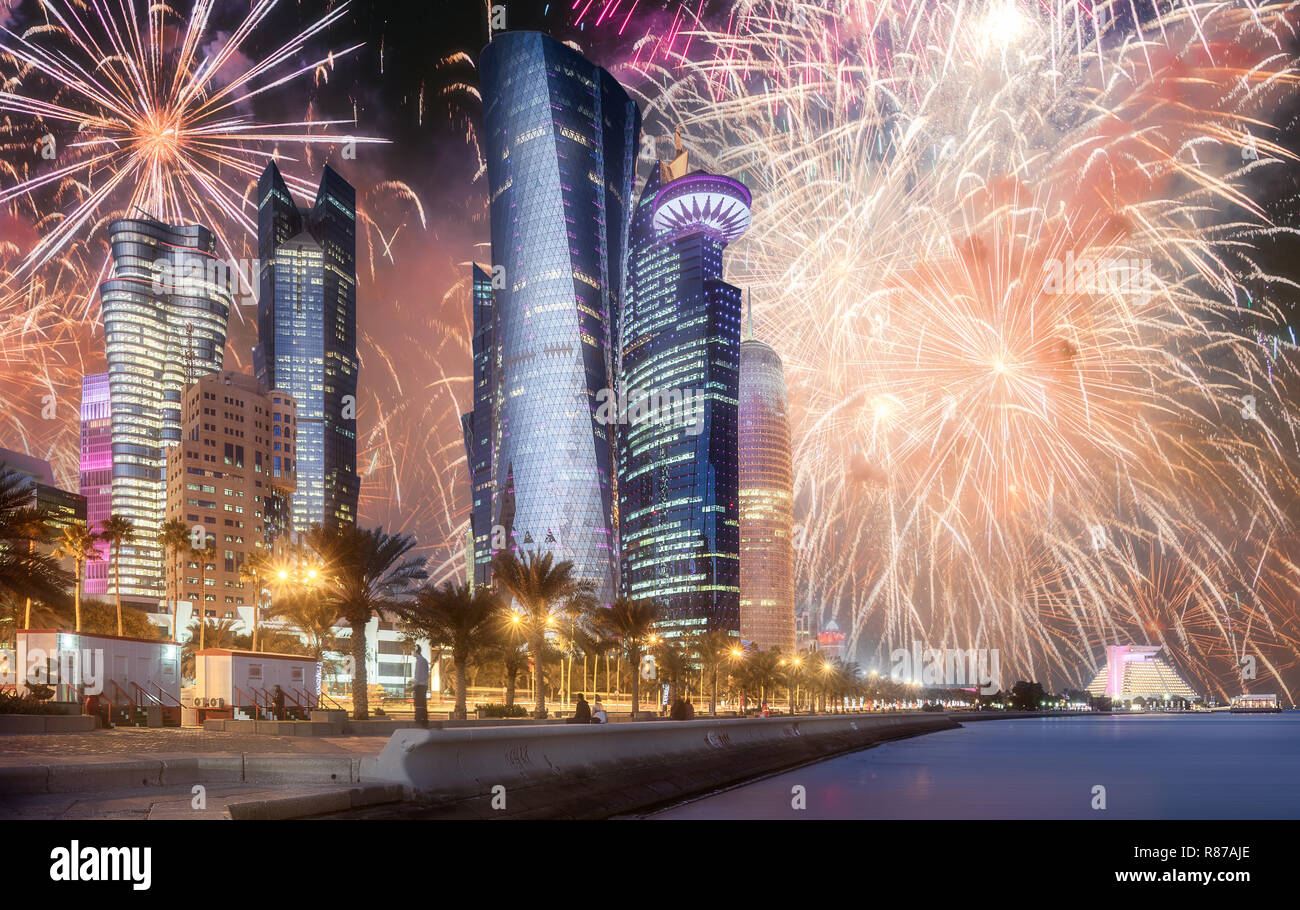 Beautiful fireworks above West Bay and Doha City Center at night, Qatar ...