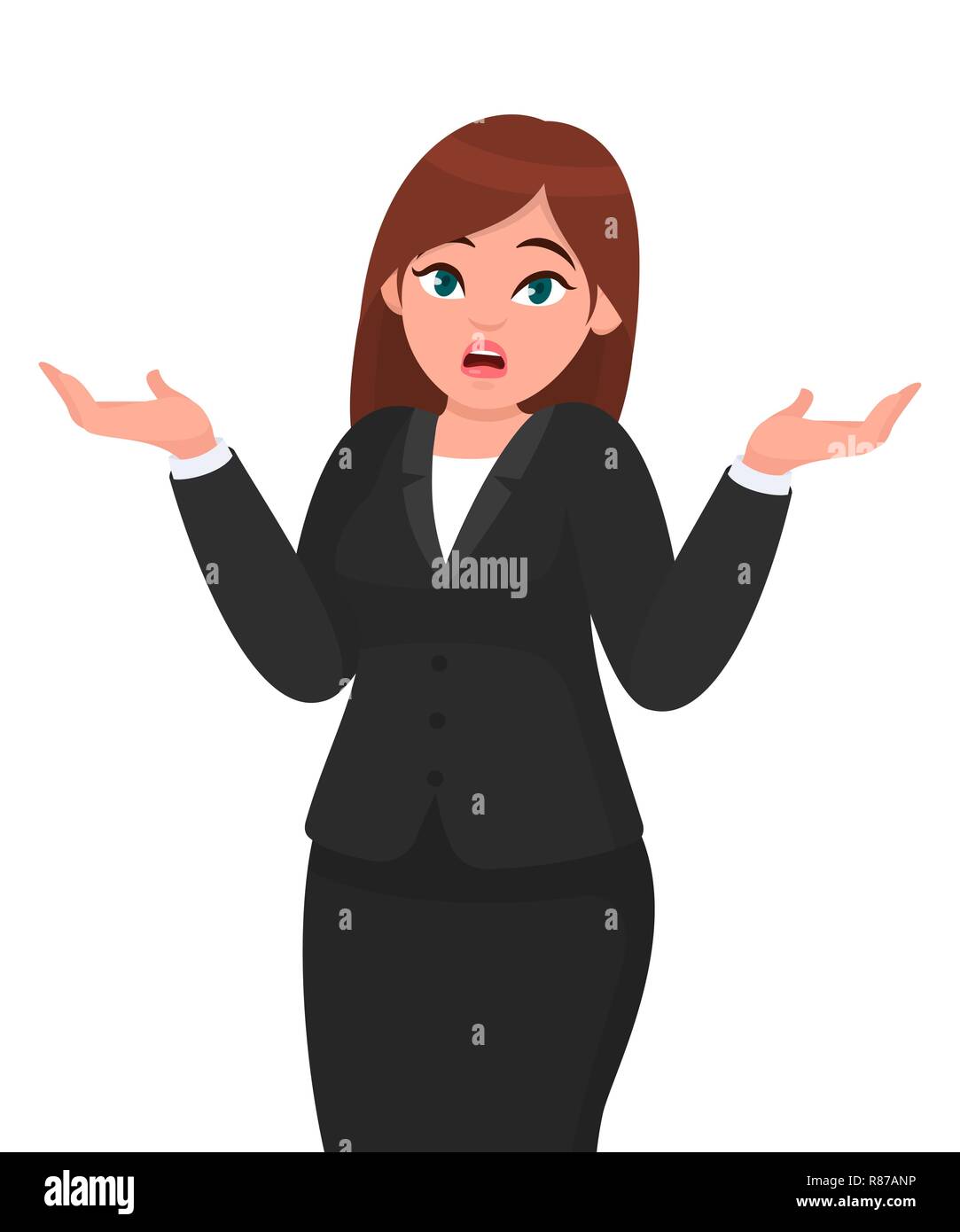 Oops! Sorry! I do not know. Businesswoman shrugging shoulders spreading ...