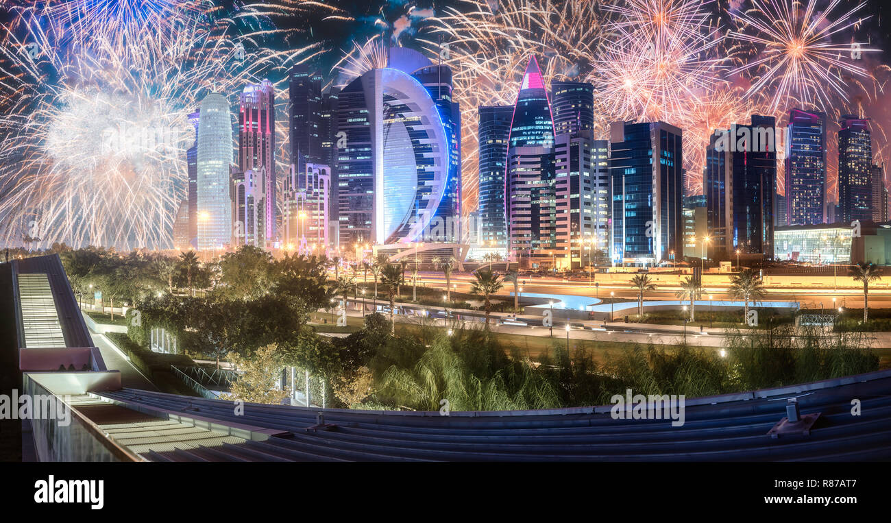Beautiful fireworks above West Bay and Doha City Center at night, Qatar ...