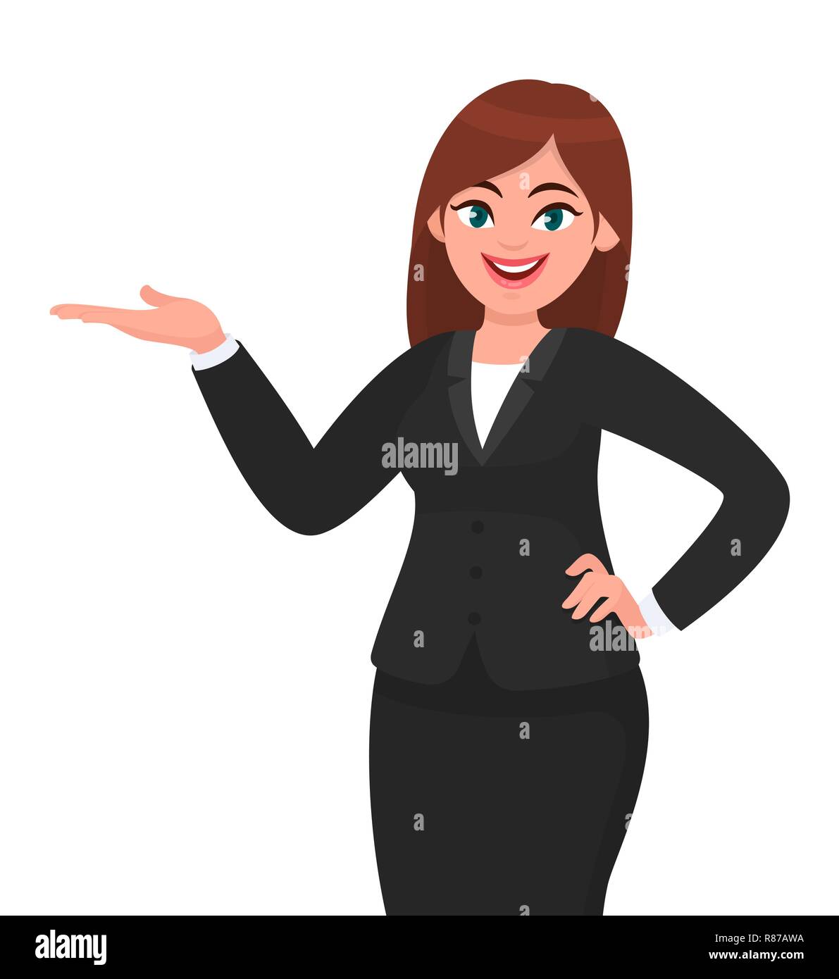 Happy business woman showing hand to copy space away. Business woman ...