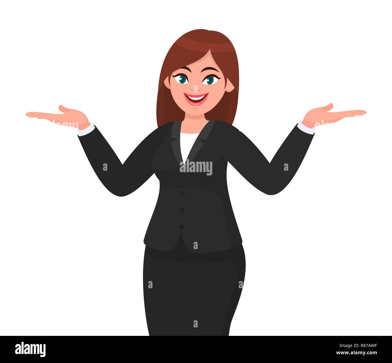 Happy business woman spreading hands to copy space away. Business woman ...