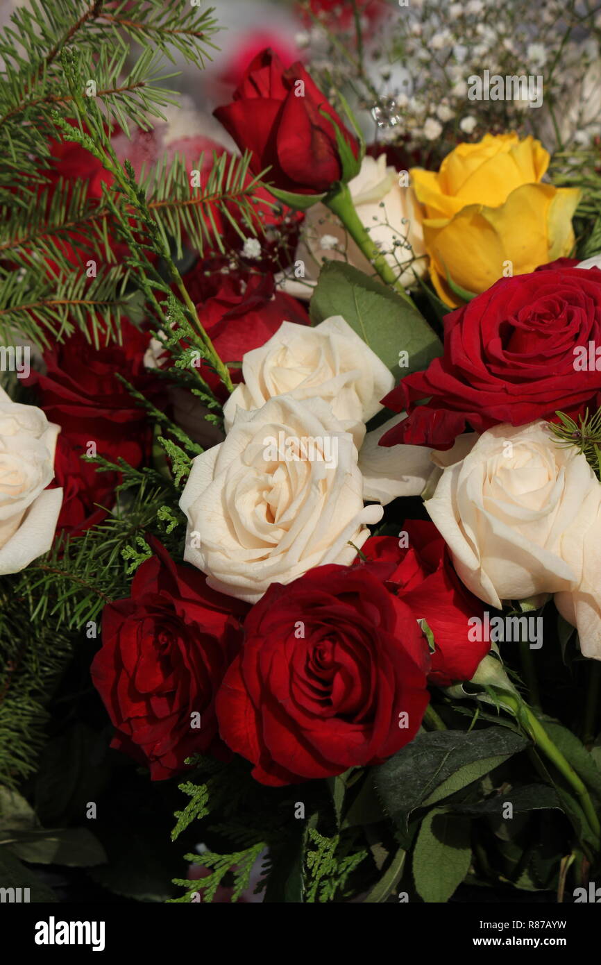 Bouquet of beautiful red, white, and yellow roses and flowers at Our ...