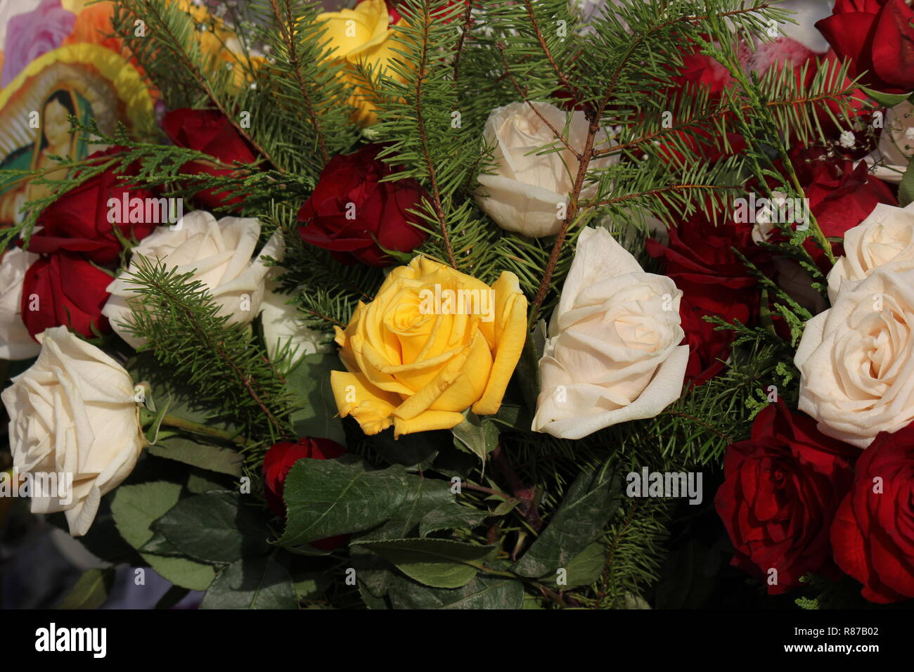Bouquet of beautiful red, white, and yellow roses and flowers at Our ...