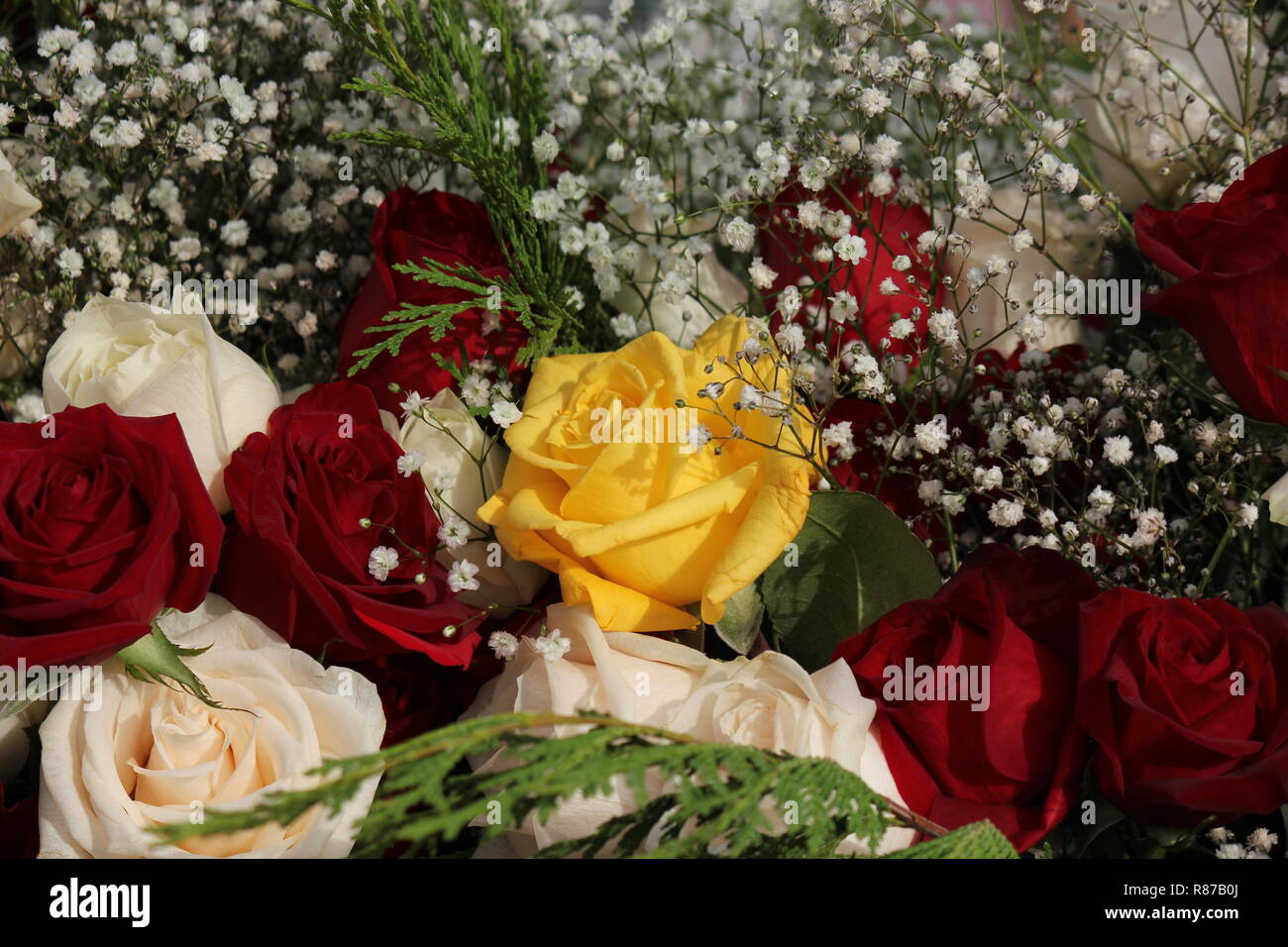 Beautiful bouquet of beautiful red, white, and yellow roses and flowers ...