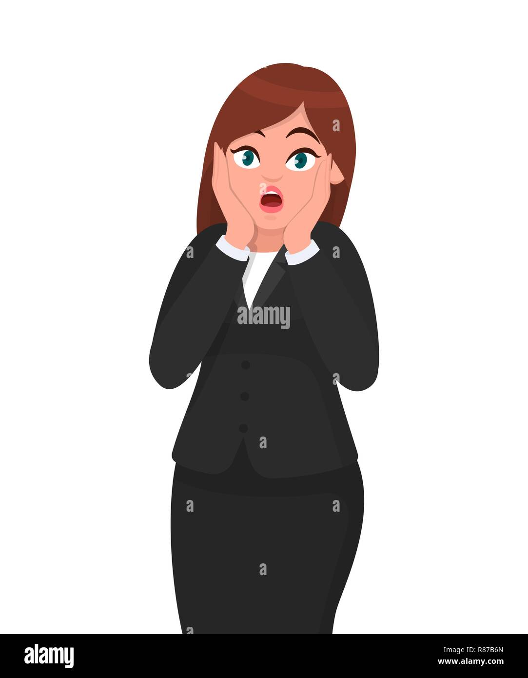 Shocked businesswoman holding hands on face while eyes and opened ...