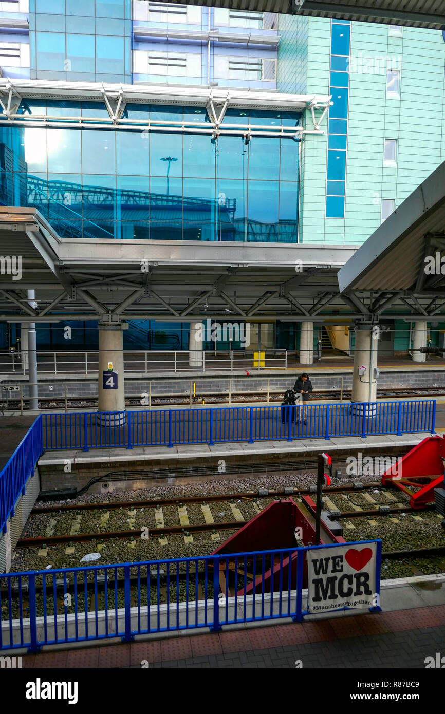 We Love Manchester at end of tracks, Railway station link Manchester ...
