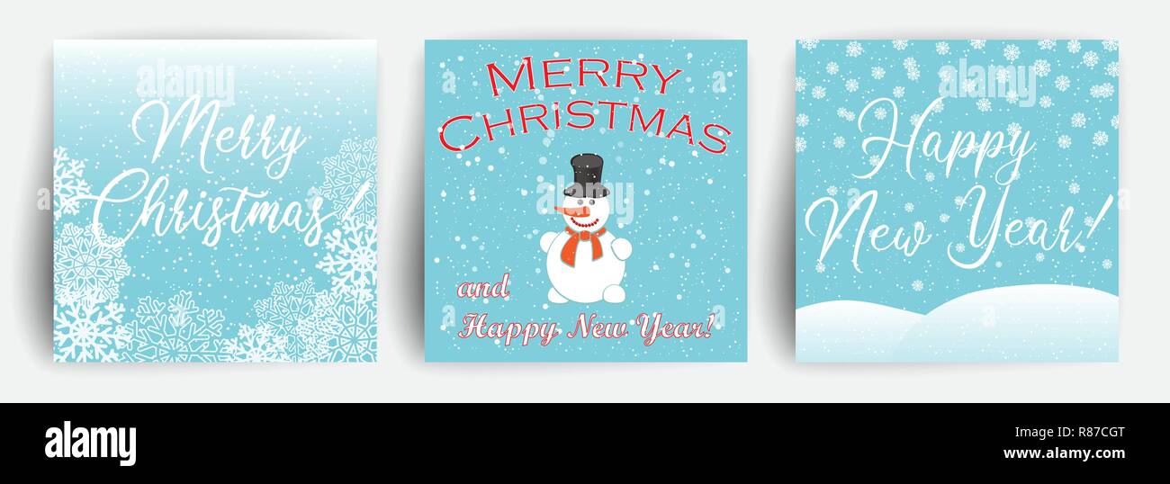 Snow background. Set of Christmas Greeting card with snowman. Design ...