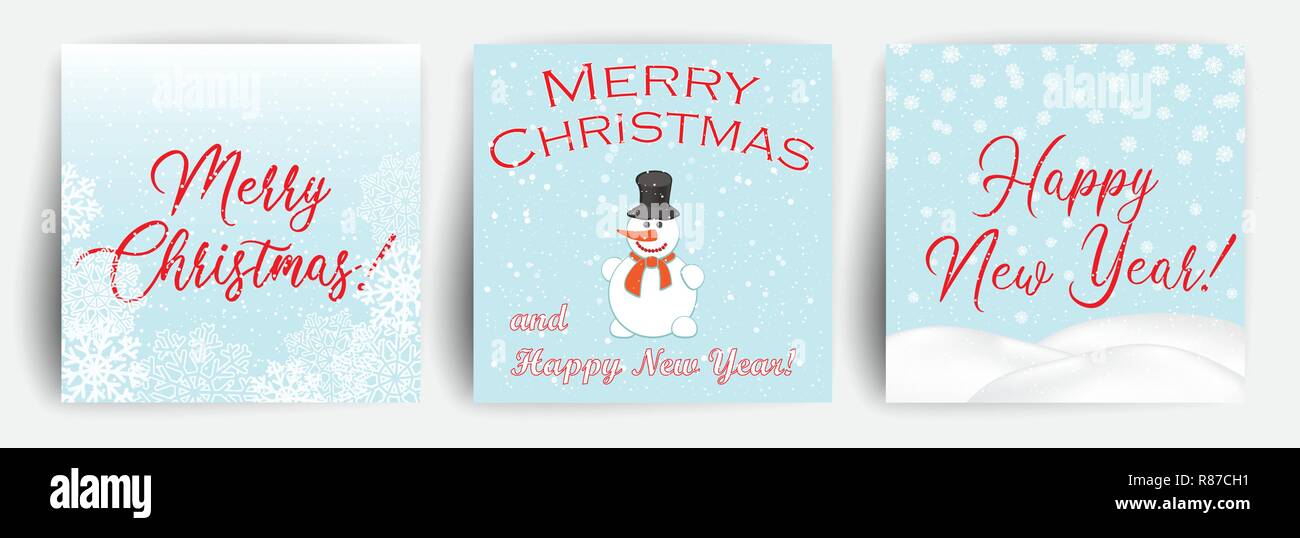 Snow background. Set of Christmas Greeting card with snowman. Design ...