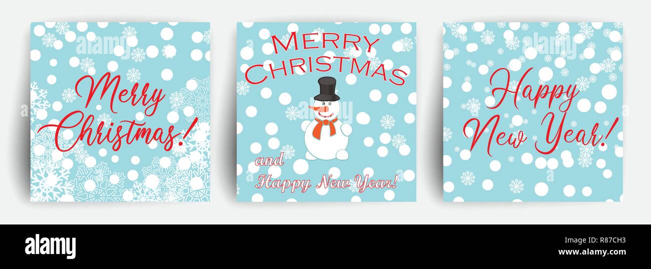 Snow background. Set of Christmas Greeting card with snowman. Design ...