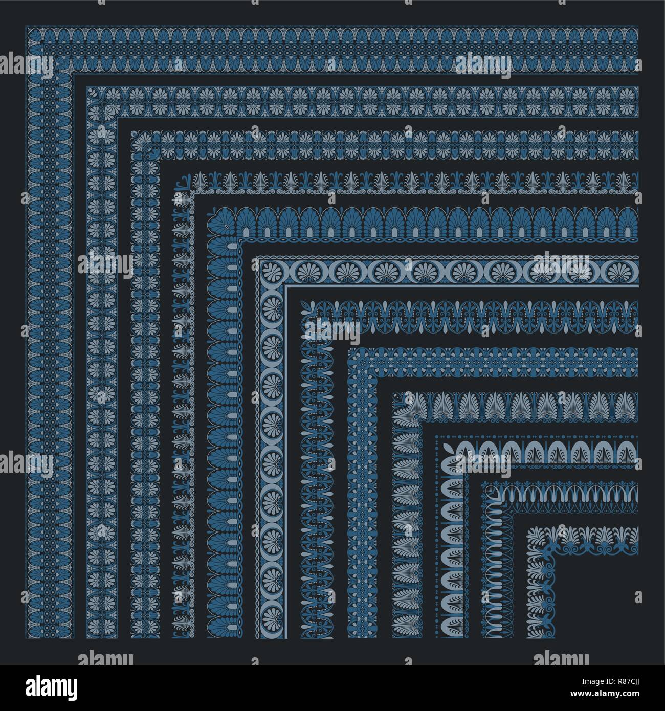 Big set of decorative seamless ornamental border with corner over dark ...