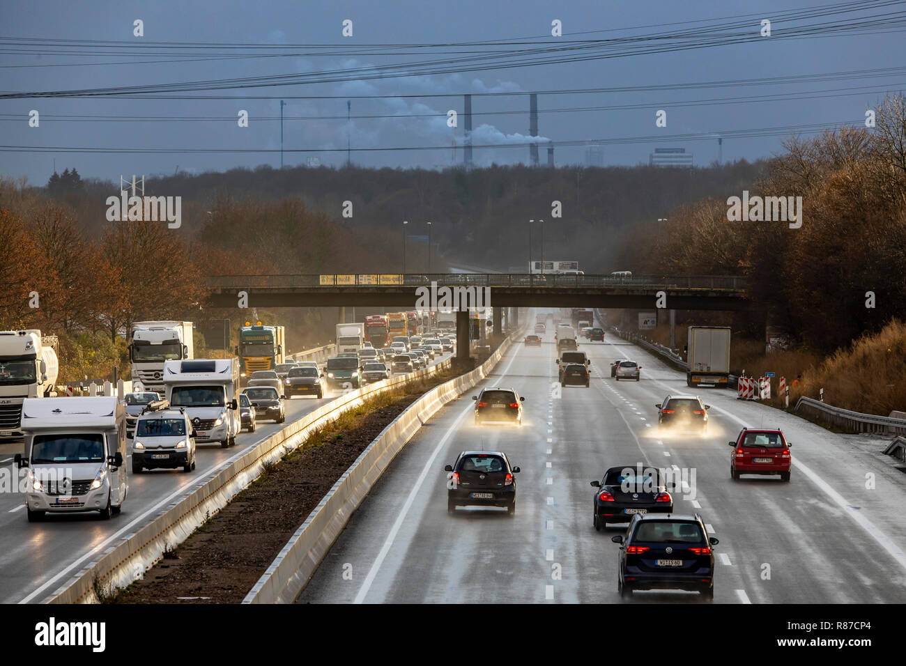 Autobahn A3 between Opladen and Leverkusen, rainy weather, autumn ...