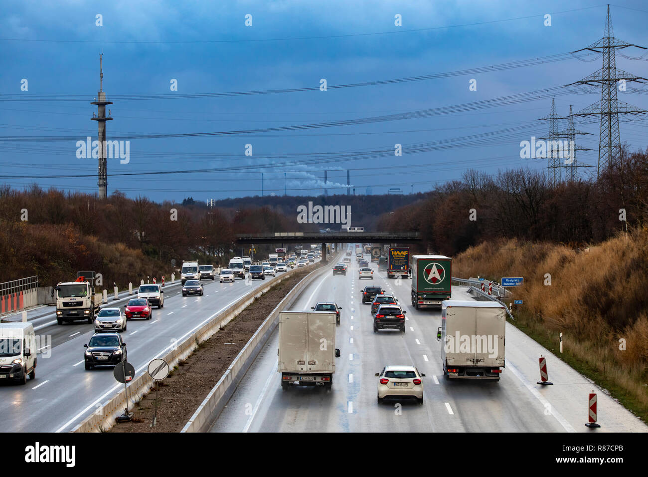 Autobahn A3 between Opladen and Leverkusen, rainy weather, autumn ...