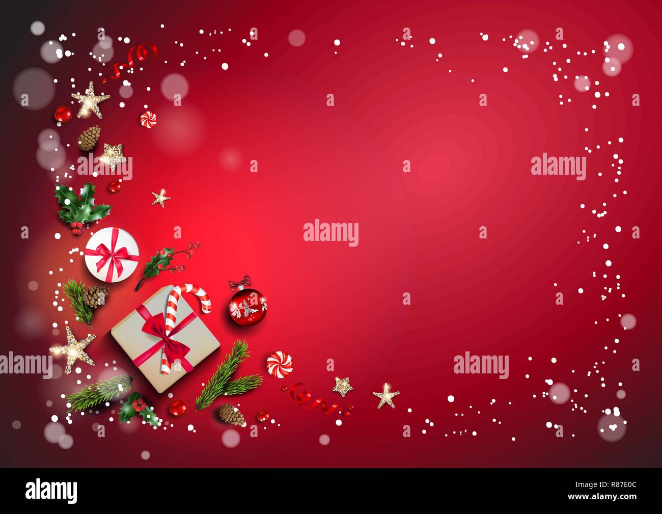 Bright red holiday illustration card with Christmas decorations and ...