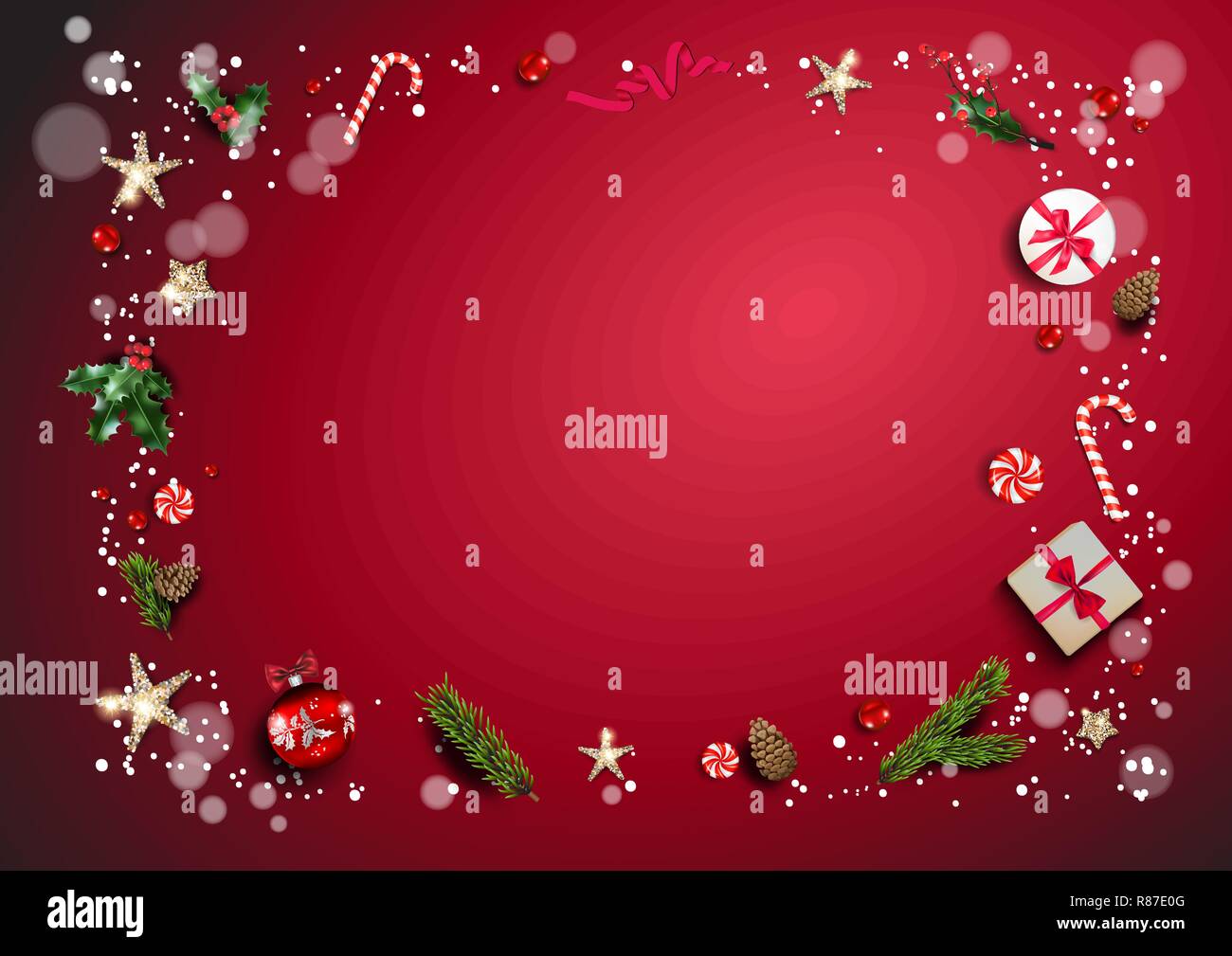 Bright red holiday illustration card with Christmas decorations and ...