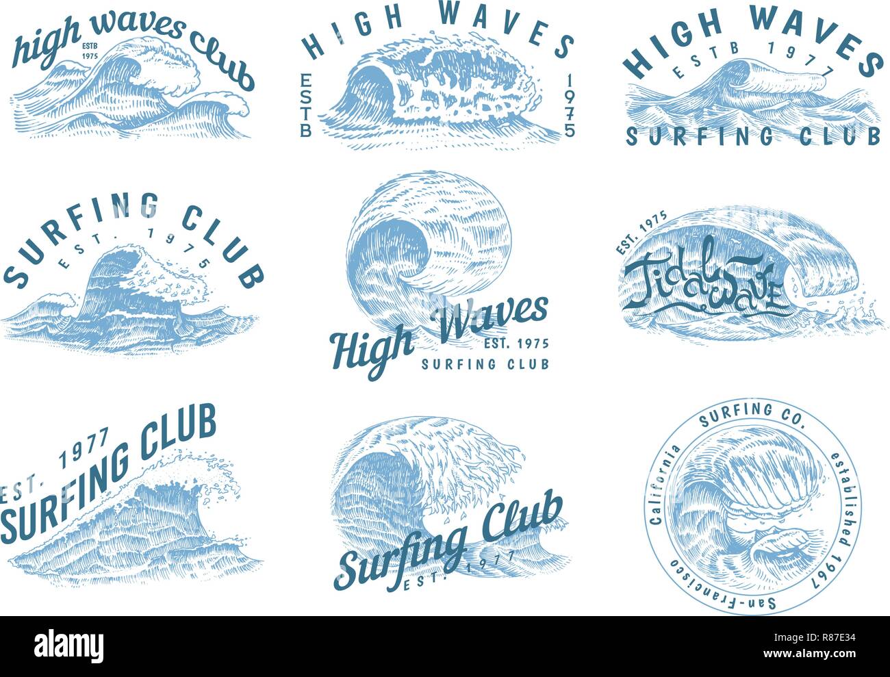 Wave labels, logos. Set of Atlantic tide Templates. Vintage old ...