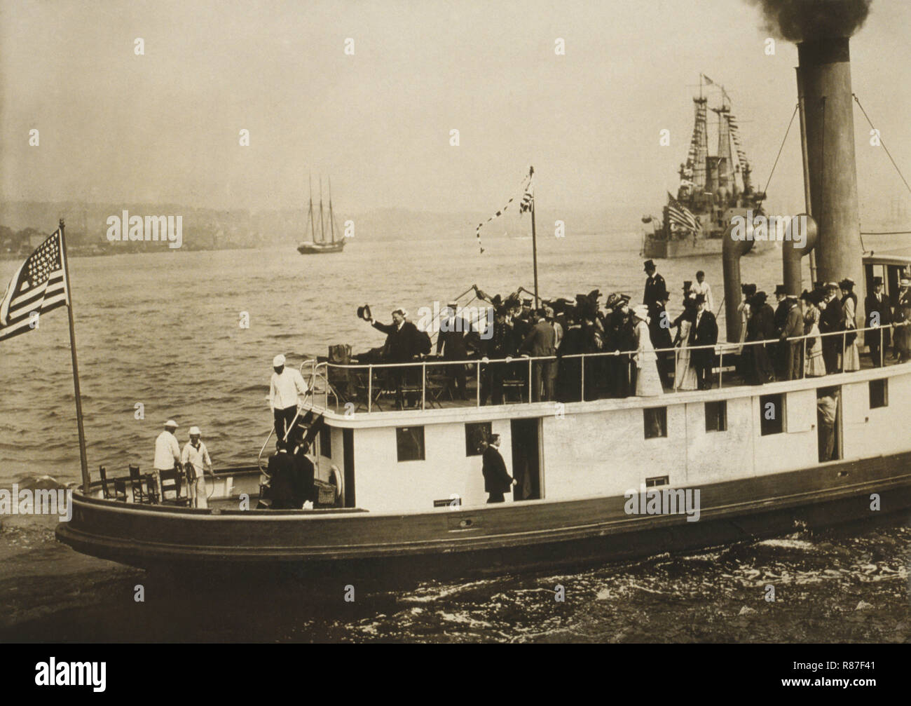 Theodore Roosevelt on Deck of Boat Arriving in New York Harbor, New ...