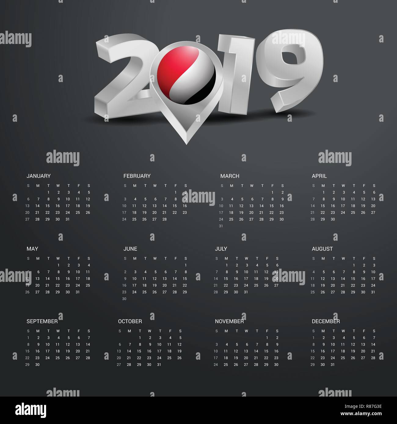 2019 Calendar Template. Grey Typography with Principality of Sealand ...