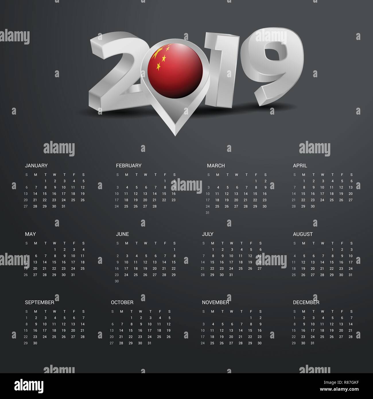 2019 Calendar Template. Grey Typography with China Country Map Golden ...