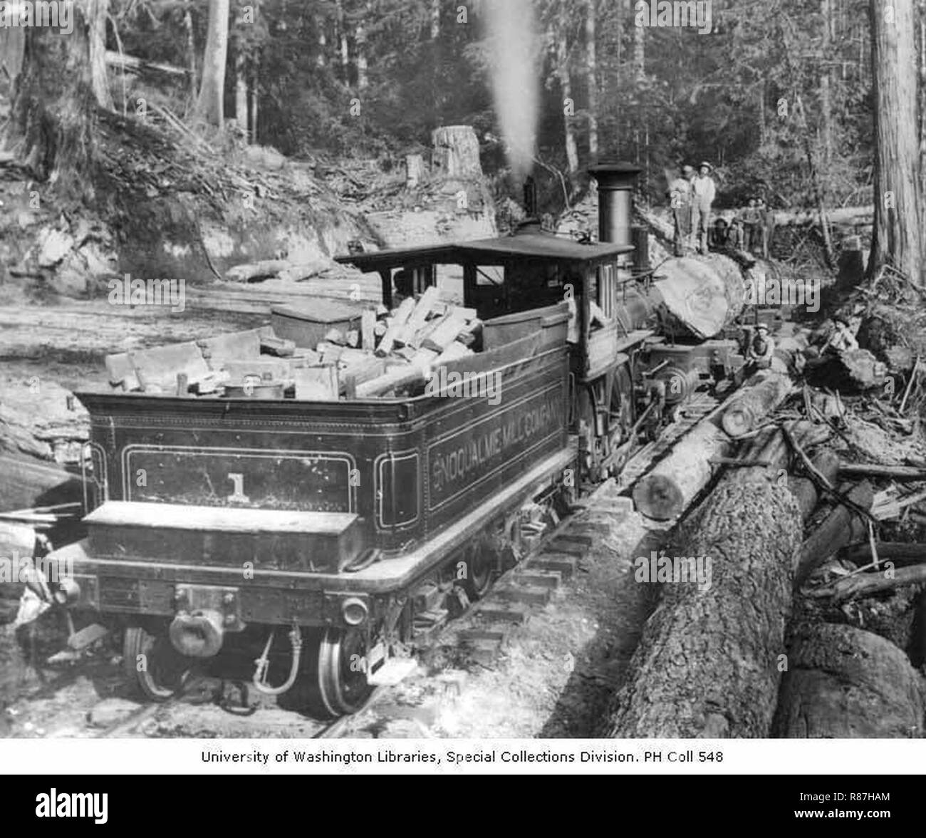 Cap stack steam locomotive of the Snoqualmie Mill Company in the woods ...