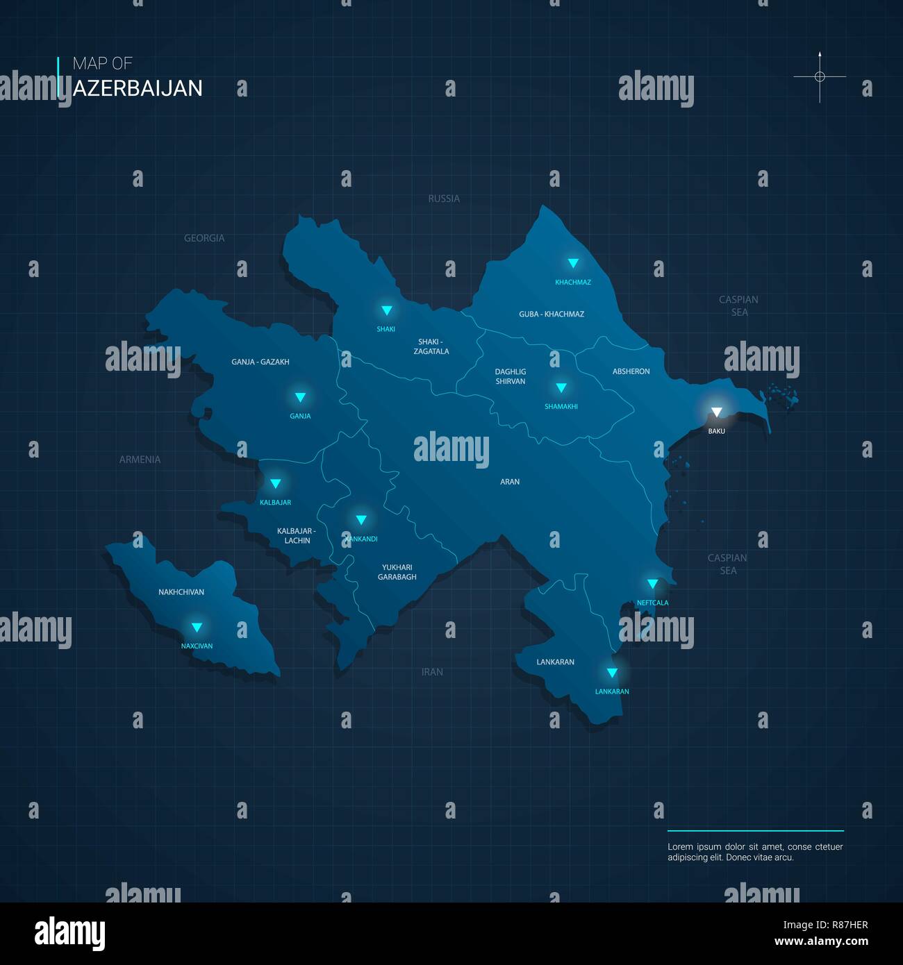 Vector Azerbaijan map illustration with blue neon lightpoints ...
