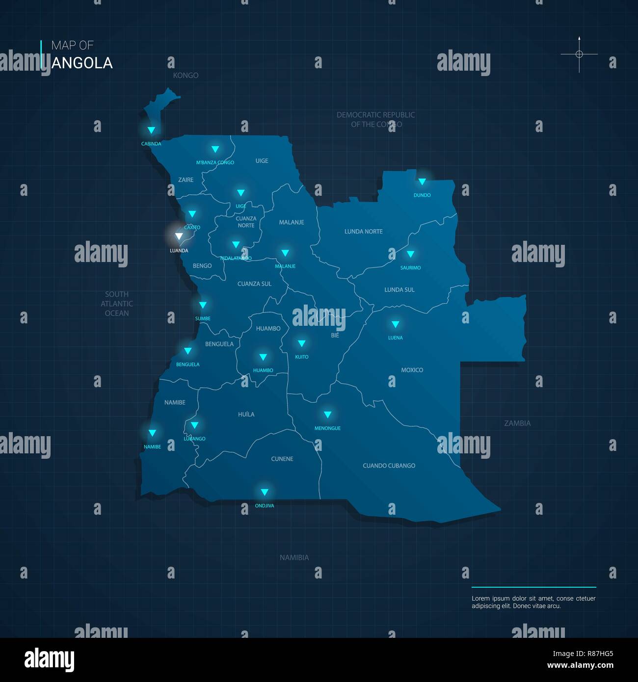 Vector Angola map illustration with blue neon lightpoints - triangle on ...
