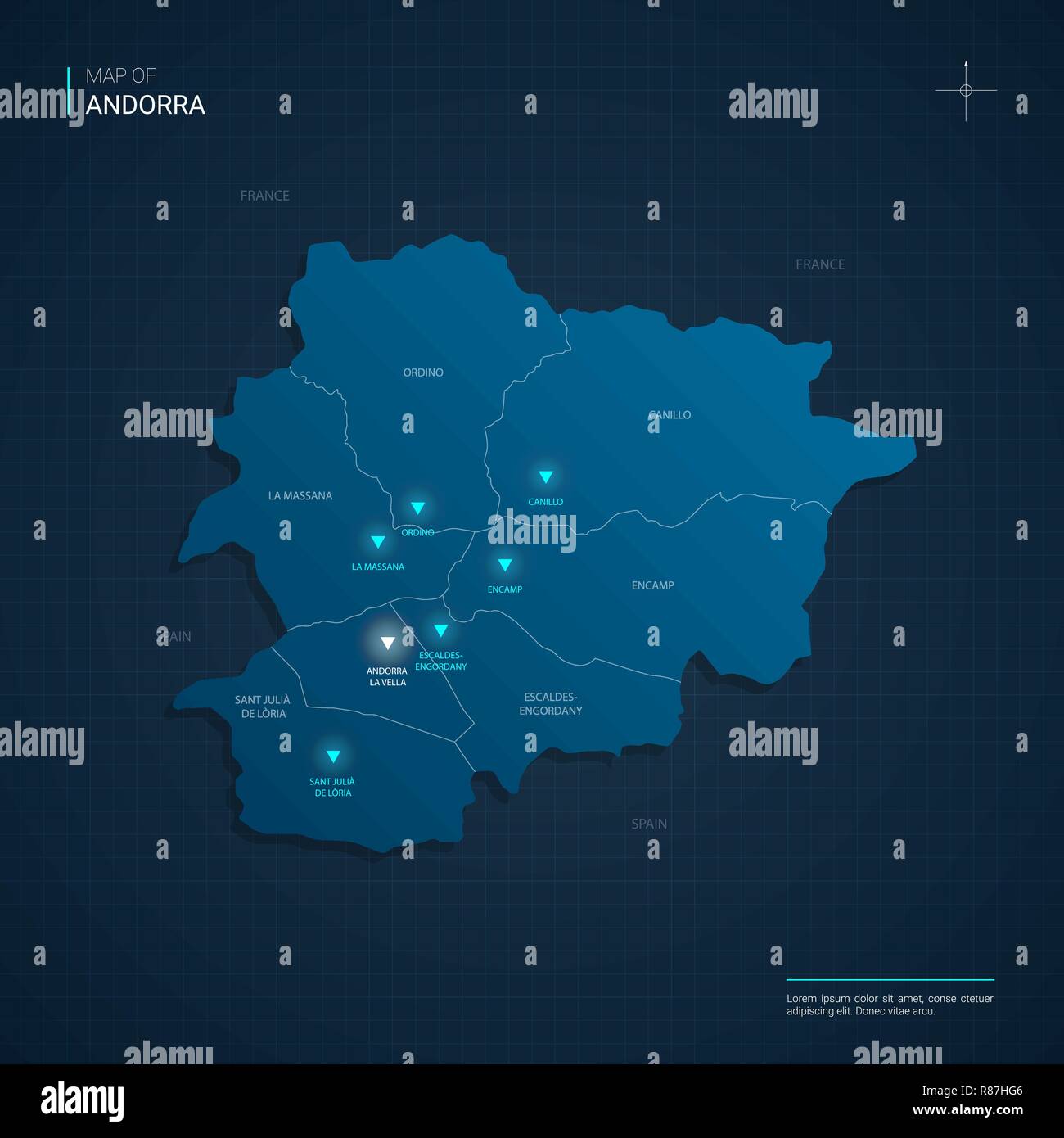 Vector Andorra map illustration with blue neon lightpoints - triangle ...